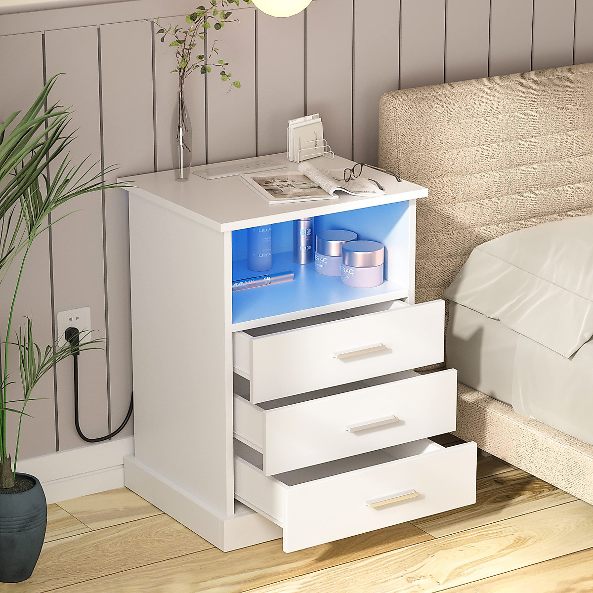 Halitaa Nightstand with Charging Station, LED Lights Side Table with 3 Drawers, End Table for Bedroom Office White
