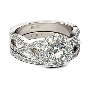 Jeulia Twist Halo Round Cut Sterling Silver Ring Set Cubic Zirconia CZ Eternity Engagement Anniversary Wedding Band Ring for Women with Gift Box (Silver, 9.5)