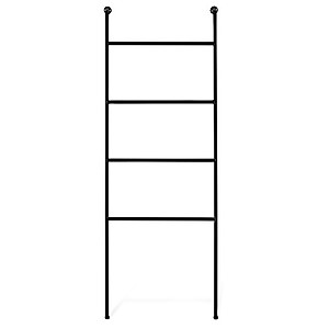 MyGift 4 Rung Black Metal Leaning Blanket Ladder Stand with Secure Wall Mount Holder, Farmhouse Bathroom Towel Ladder Rack