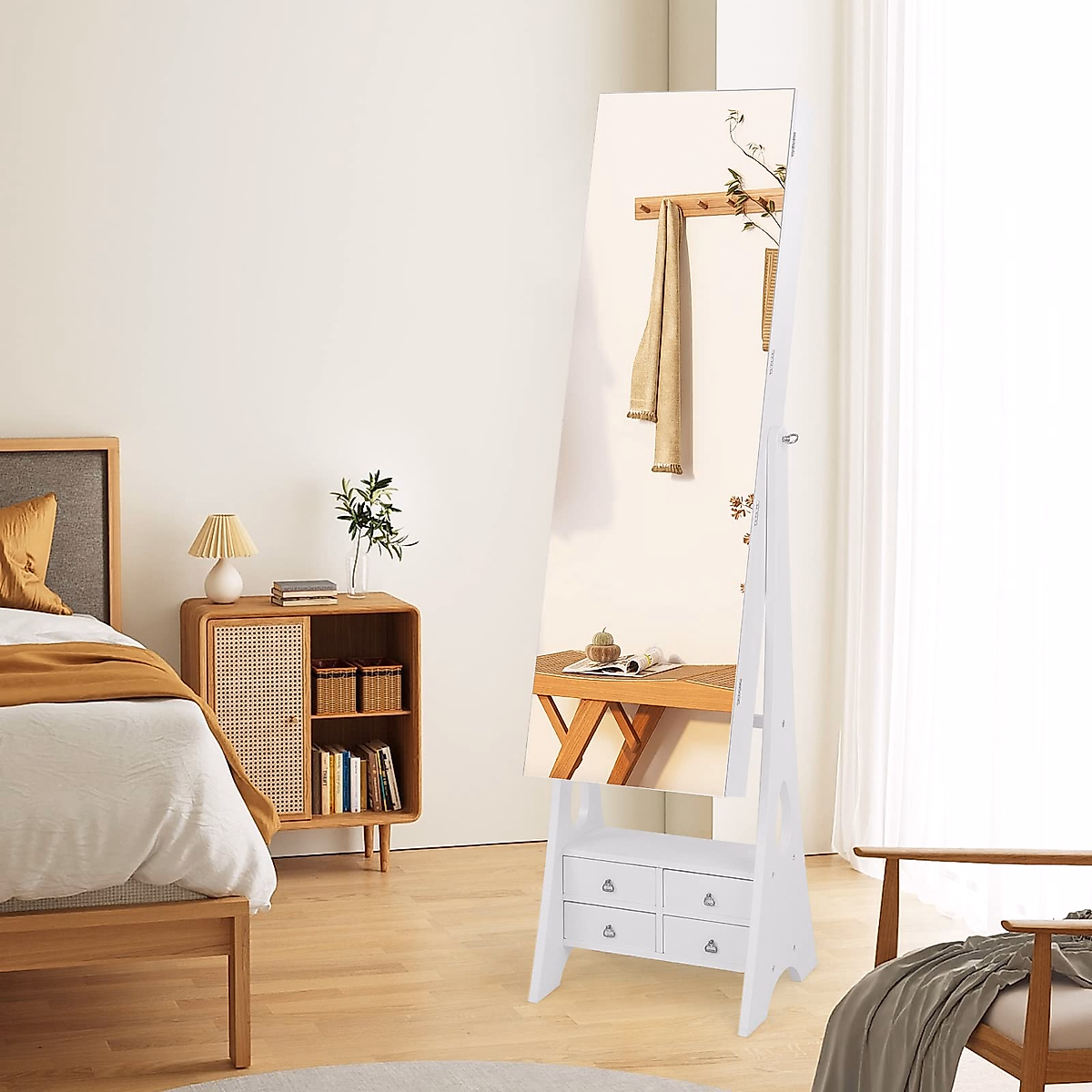 GOFLAME Jewelry Cabinet Freestanding, LED Lighted Jewelry Armoire with Full-length Frameless Mirror, Foldable shelf, 6 Drawers, Lockable Mirrored Jewelry Cabinet with 3 Adjustable Angle (White)