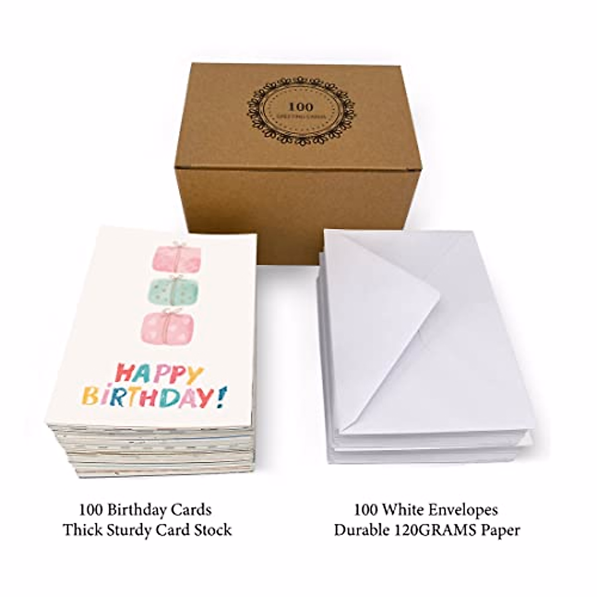 100 Birthday Cards, Happy Birthday Cards Bulk with Short Message Inside, 5x7 Inch Thick Card Stock Assorted Birthday Cards with Envelopes,10 Unique Designs Birthday Cards for Men and Women.