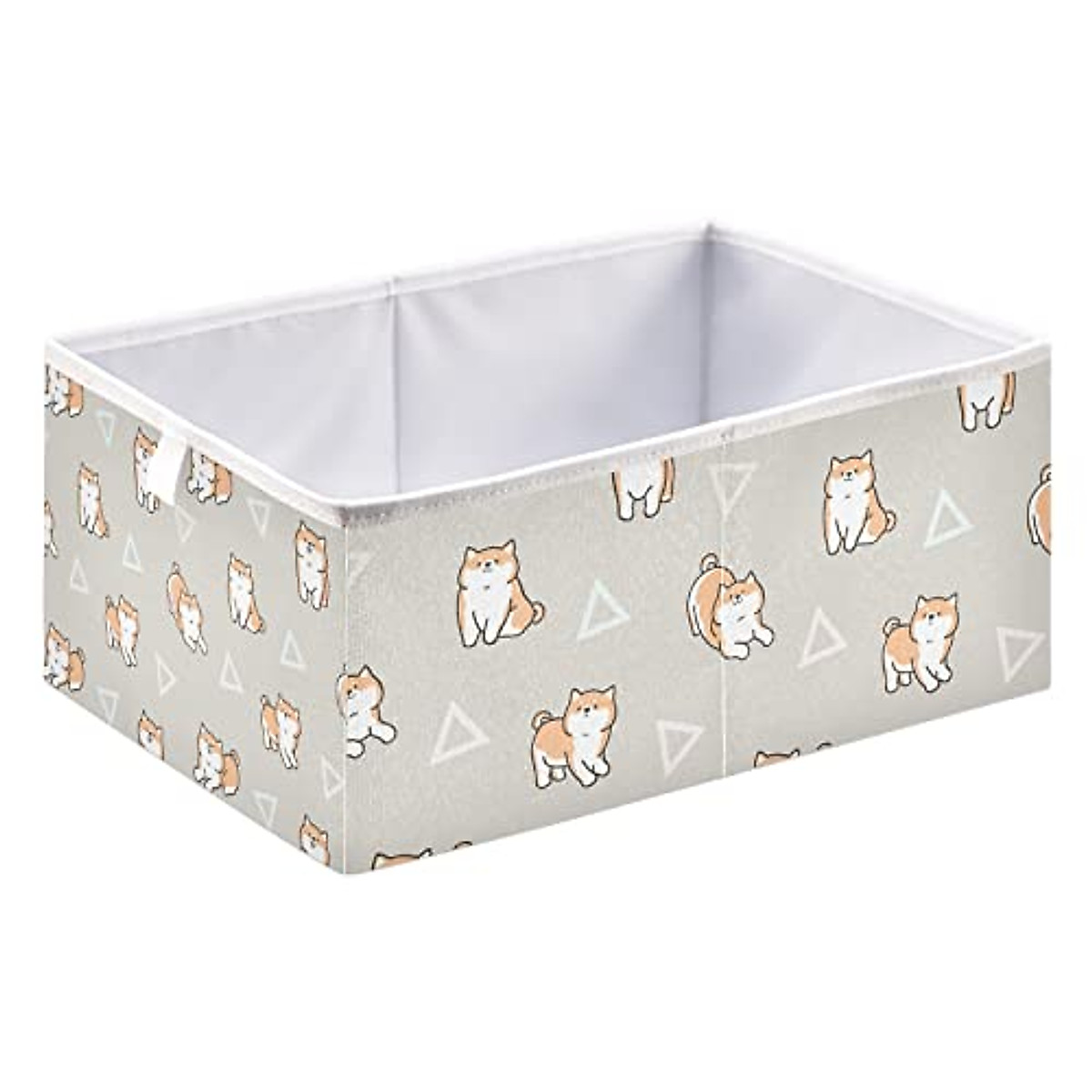 Seamless Cute Cartoon Shiba Inu Dogs Geometric Triangles on Warm Grey Rectangular Storage Basket Bin, Collapsible Storage Box, Foldable Nursery Baskets Organizer for Toy, Clothes Easy to Assemble