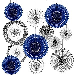 12PCS Navy Blue Silver Party Paper Fan Hanging Paper Fan Rosettes Party Garland for Boy Baby Shower Birthday Bachelorette Gender Reveal Graduation 2022 Navy Wedding Bridal Shower