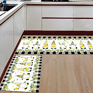 Kitchen Mat and Rugs Set of 2, Farm Fresh Lemon Gnomes Buffalo Plaid Border, Durable Comfort Standing Kitchen Rugs, Non-Slip Home Decor Carpet for Floor, 20x24inch+20x48inch
