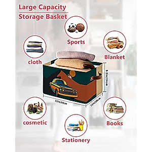 Storage Basket Boho Driving Car and Mountain Storage Bin with Handles,Abstract Geometry Arch Sun Collapsible Organizer Storage Cubes Bins for Closet,Laundry Clothes,Bathroom,Nursery Toys