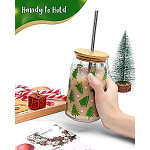 Nefelibata Christmas Cup with Bamboo Lid and Metal Straw 16oz Xmas Tree Beer Can Glass Iced Coffee Cups Drinking Glasses Smoothie Tumbler Mug Winter Holiday Party Gifts for Office Women Kids Men