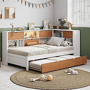 SOFTSEA Full Size Daybed with Trundle and Bookcase, Wood L-Shaped Platform Bed with Lights & USB Ports, Twin Corner Bed with Trundle and Storage Headboard for Kids Adults, No Box Spring Needed, White
