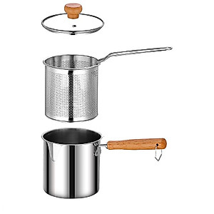 Small Deep Fryer Pot with Basket, Mini Fryer and Soup Pot with Tongs and Lid for 1-2 People, Works on Gas or Induction Burner, Dishwasher Safe, 1.3-Quart