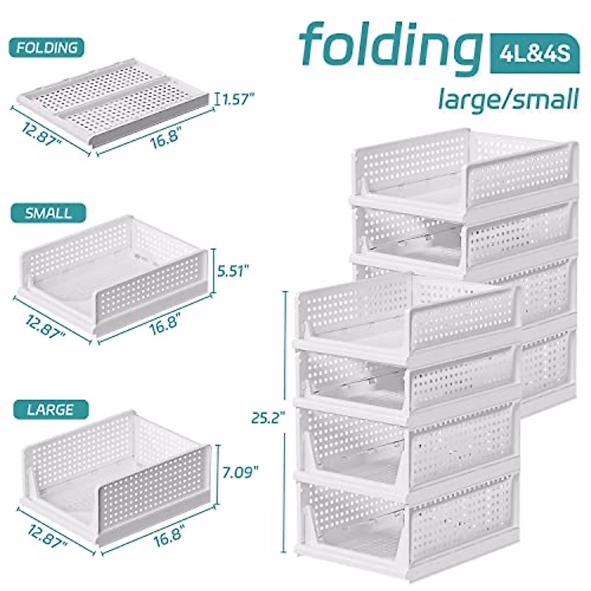 MVSRWLL Stackable Plastic Storage Basket Bin Shelf Box for Closet Wardrobe Organizer 8 Pack Foldable Clothes Drawer Storage Container for Cupboard Kitchen Bathroom Bedroom Office (White)(4L4S)