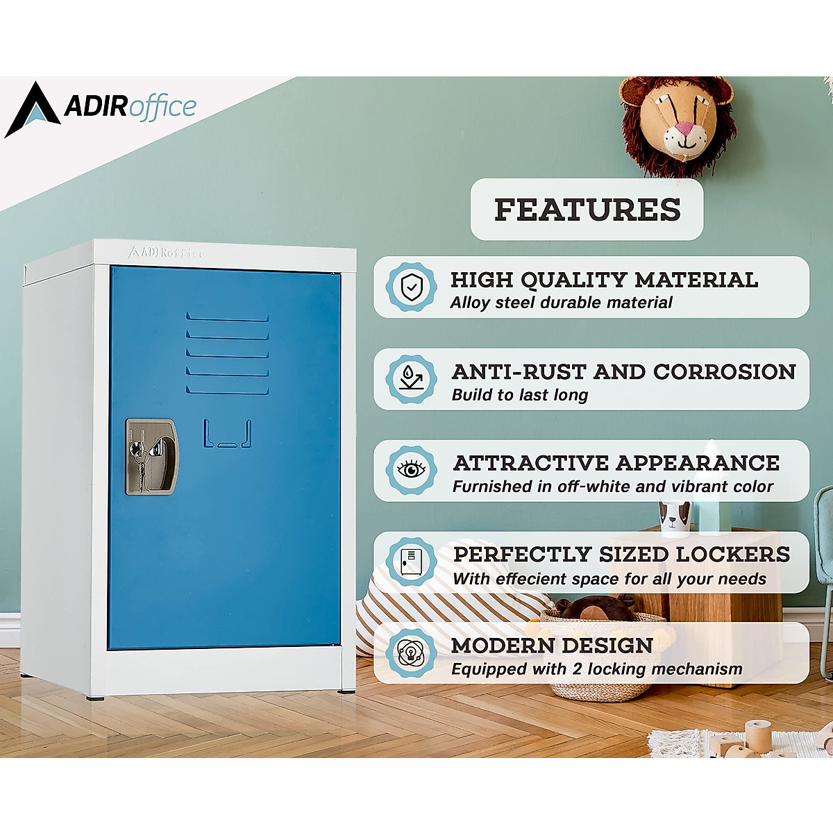 AdirOffice Kids Steel Metal Storage Locker - for Home & School - with Key & Hanging Rods (24 in 1 Door, Blue)