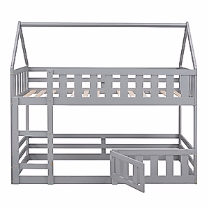 BOVZA House Bunk Bed for Kids Twin Over Twin Size Floor Low Bunk Bed with Fence and Door Wood Loft Bunk Bed Frame for Boys Girls, Gray