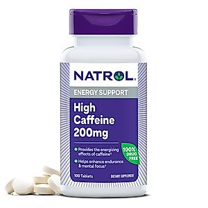 Natrol High Caffeine 200 mg per Serving, Energy Support Supplement for Adults, 100 Tablets, 100 Day Supply