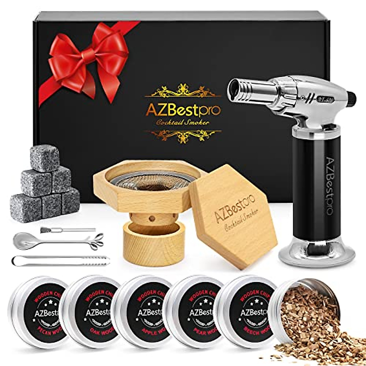 Old Fashioned Cocktail Smoker Kit with Torch, Bourbon Smoker Infuser Kit with Bonus Smoke Collection Dust Cup, 6 Kinds of Wood, Whiskey Smoker Infuser Kit - Gifts for Men Father Husband (No Butane)