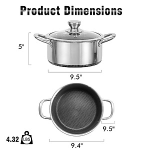 AuFranc™ Hybrid Nonstick 6 Quart Stainless Steel Stockpot with Glass Lid, Induction Stock Pot with Honeycomb Carving, Non-stick Soup Pot Compatible with All Cooktops, Non-Toxic, Dishwasher & Oven Safe