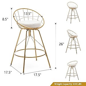 Aklaus 26" Sherpa Boucle Bar Stools Set of 2 Swivel Counter Height Bar Stools with Round Seat,Gold Bar Stools with Backs,Modern Teddy White Barstools,Kitchen Island Dining Bar Stools Chairs