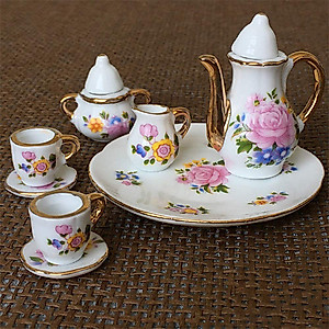 SXFSE Dollhouse Decoration Kitchen Accessories, 8pcs Dining Ware Porcelain Tea Cup Set Pink Dish Cup Plate with Golden Trim 1/6 Dollhouse Miniature