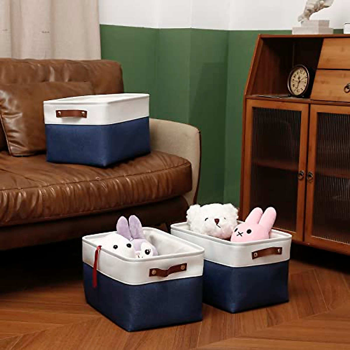 Storage Baskets for Organizing Fabric Baskets for Shelves, Closets, Laundry, Nursery, Decorative Baskets for Gifts Empty (15 x 11 x 9.5 IN - 3Pack, White & Blue)