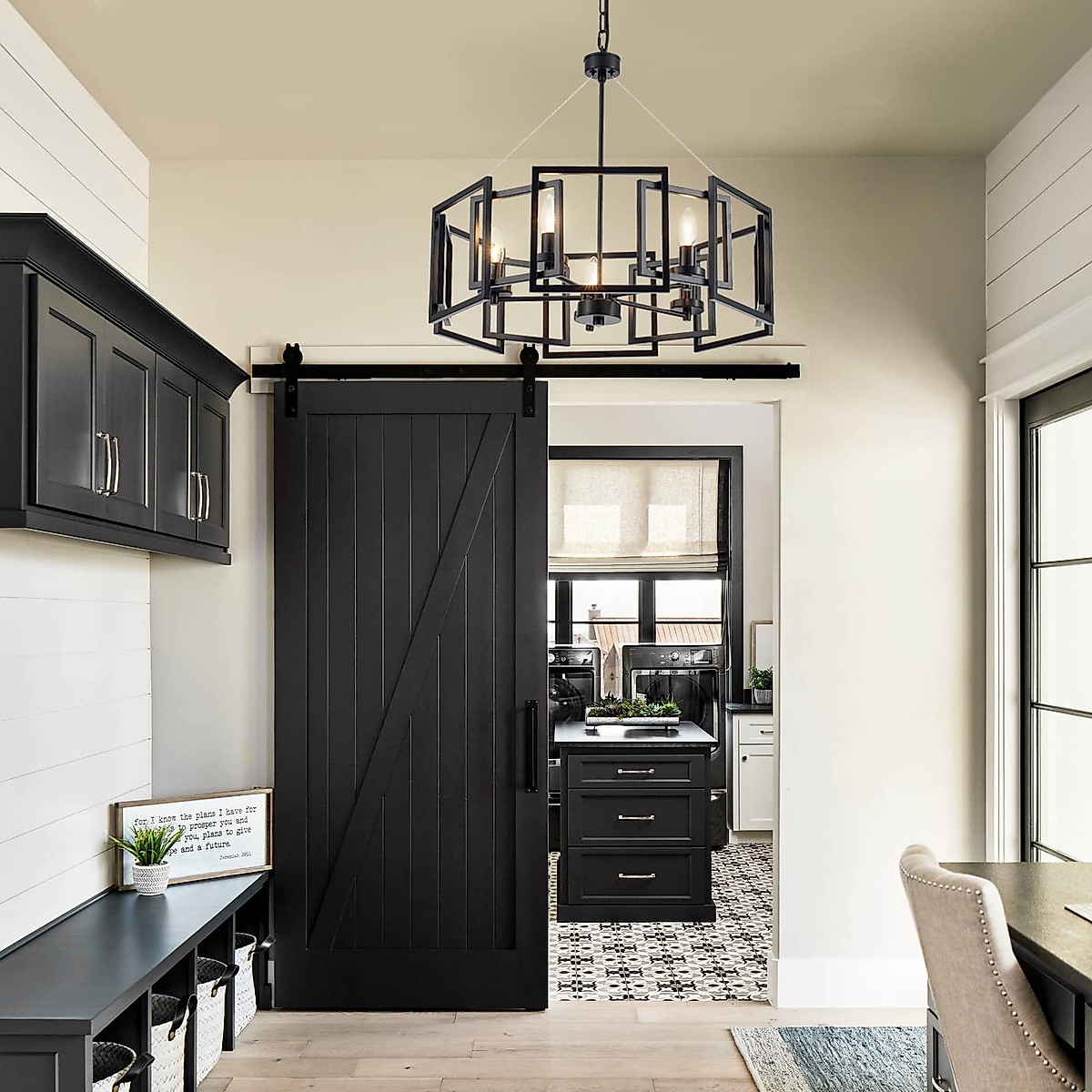 MhyTogn Industrial style Chandelier, with Matt Black Finish Geometric Shade Pendant Lighting Fixture for Dining Room Living Room Kitchen Island Bedroom 5-light