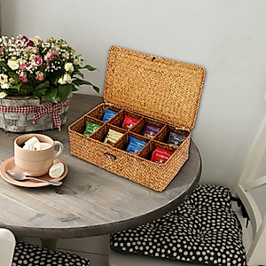 ELLDOO Tea Bags Box with Lid, Wicker Rattan Sugar Packet Holder Coffee Station Condiment Organizer Countertop Storage Desk Baskets for Pantry Coffee Bar Shelves, 8 Grids