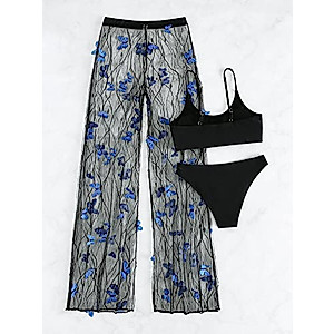 MakeMeChic Women's 3 Piece Swimsuit Full Coverage Bikini Set with Butterfly Cover Up Pants Black Blue M