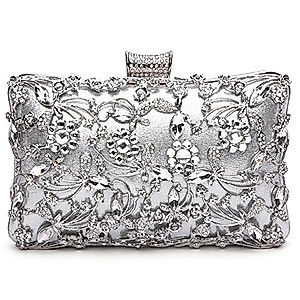 Womens Beaded Clutch Rhinestone Evening Bag Wedding Bridal Prom Purse,Silver.