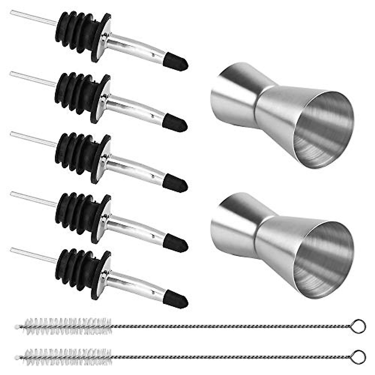 5 Pack Stainless Steel Liquor Pour Spouts Set & 2 Double Jiggers, SourceTon 5 Liquor Pour Spouts + 5 Dust Caps Covers + 2 Cleaning Brush + 2 Double Jiggers for cocktail making
