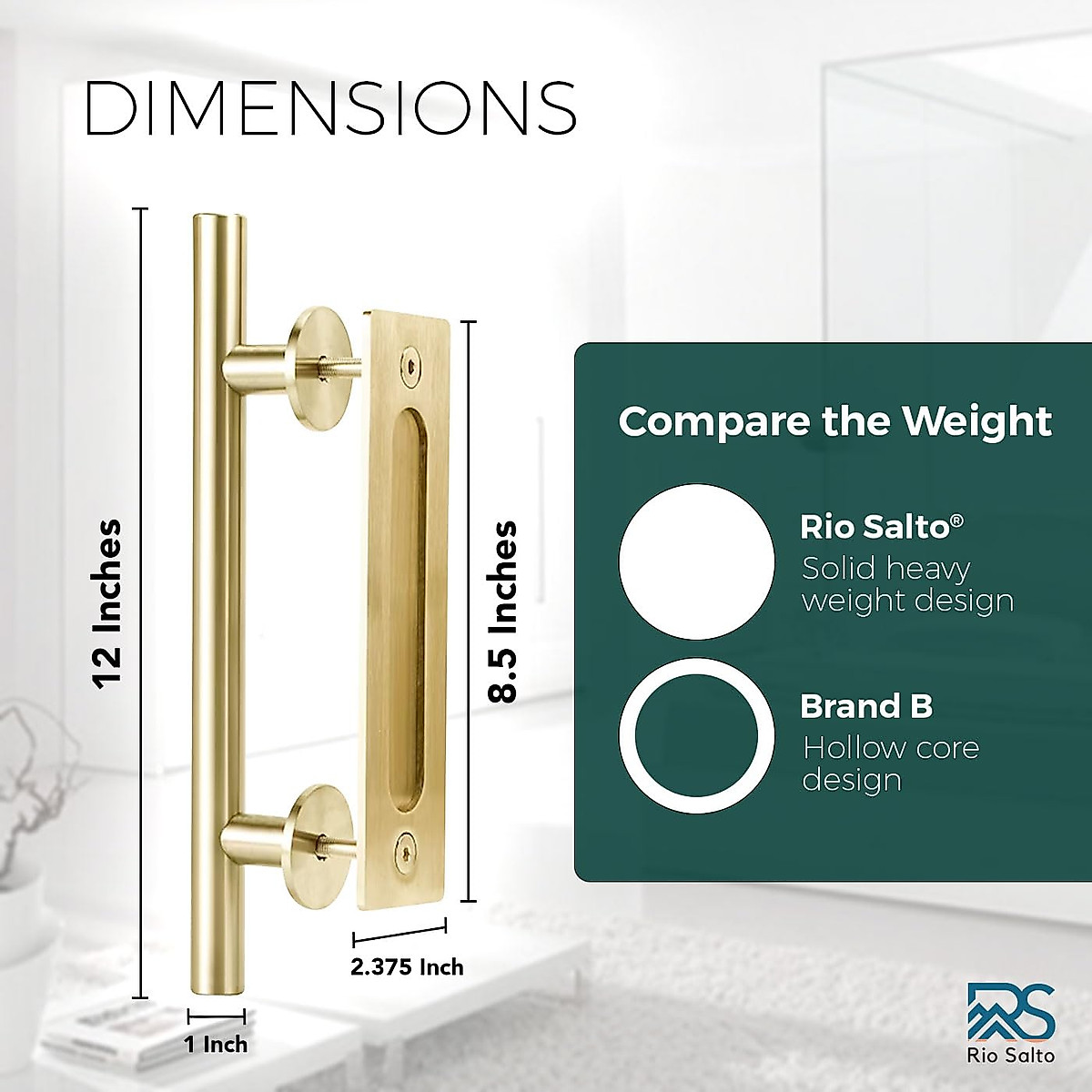 Rio Salto 12-Inch Brushed Brass Gold Barn Door Handle Kit, Closet Door Handle, Solid Aluminum Pull Handle and Flush Handle Set Heavy Duty Large Sliding Door Handles Hardware Included (1-Door Pack)