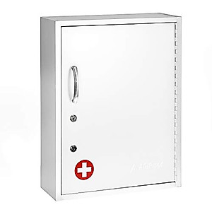 AdirMed Medicine Cabinet with Pull-Out Shelf & Document Pocket - Large Dual Lock Wall Mounted Steel Medical Organizer - Safe and Secure Storage for Medicine First Aid and Emergency Kit (White)