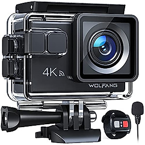 WOLFANG GA100 Action Camera 4K 20MP Waterproof 40M Underwater Camera EIS Stabilization WiFi 170° Wide Angle Helmet Camera (External Microphone, Remote Control, 2 Batteries and Accessory Kit)
