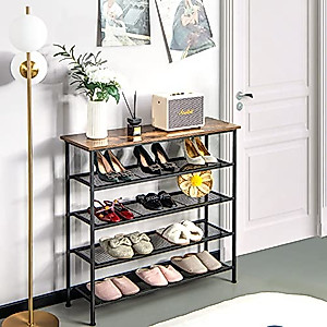 Giantex 5-Tier Shoe Rack, Industrial Adjustable Metal Shoe Storage Organizer w/ 4 Metal Mesh Shelves for 16-20 Pairs, Adjustable Feet, Heavy Duty Steel Frame, for Entryway, Hallway, Dorm, Rustic Brown