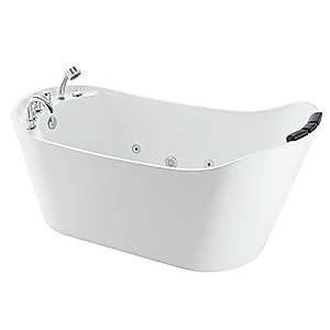 Empava 67 in. Acrylic Freestanding Tub Hydromassage Gracefully Oval Shaped Whirlpool 7 Water Jets Soaking SPA, Single-Ended Massage Bathtub with Pillow