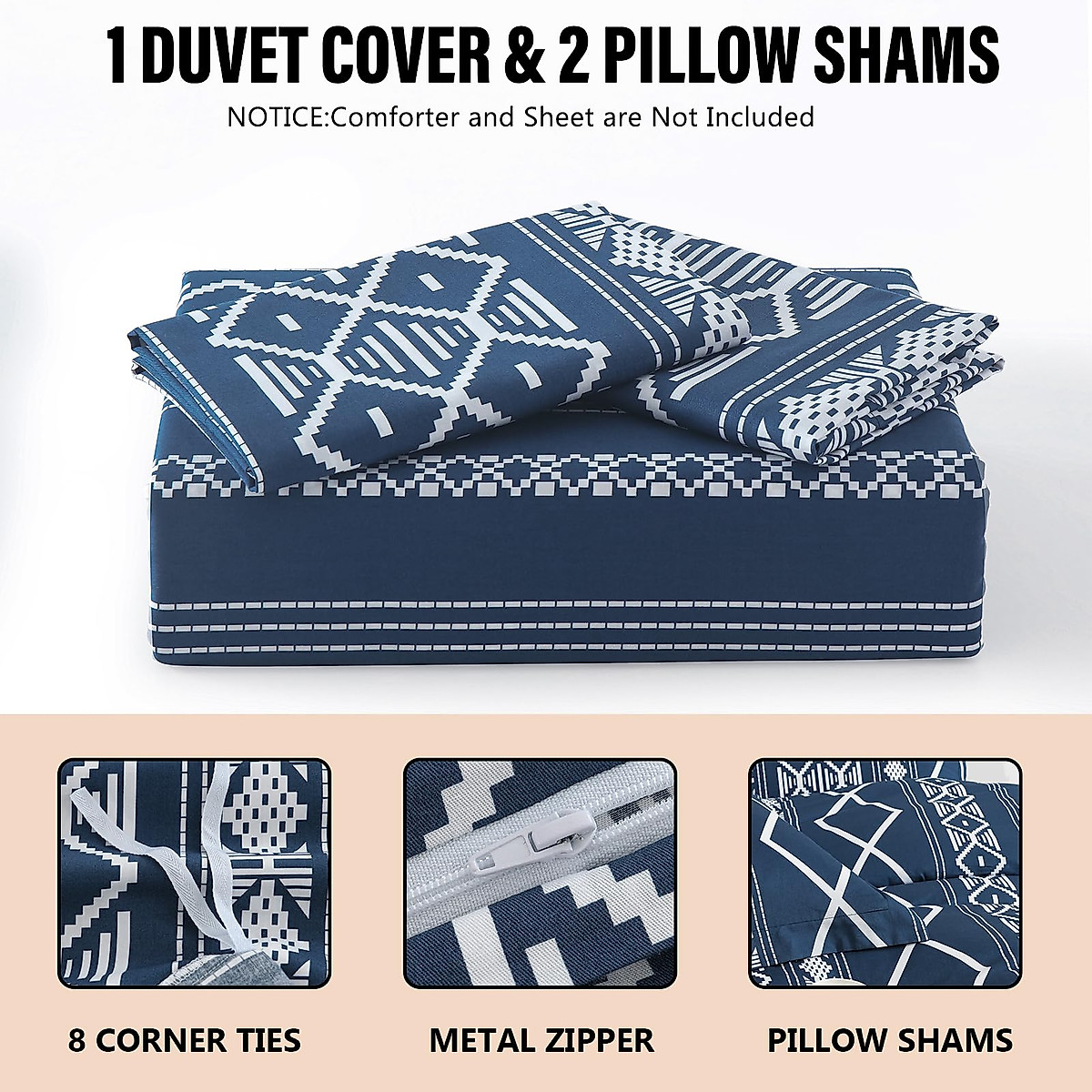 DUOMING Boho Duvet Cover King - 100% Cotton Navy Duvet Cover Set, Navy Blue King Duvet Cover with Zipper Closure & 8 Ties, 3 Piece Bohemian Duvet Cover King Set