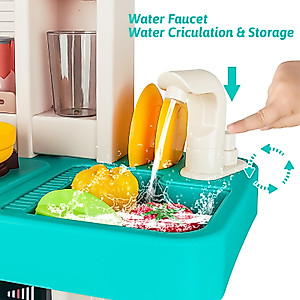 deAO Play Kitchen Set for Kids Boys,50PCS Play Kitchen Accessories w/Real Sounds Light Spray,31Inch Pretend Play Kids Kitchen Toy,Birthady Christams Gifts, Green