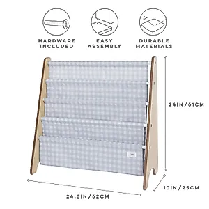 3 Sprouts Recycled Fabric Kids Bookshelf – 4-Tier Sling Book Rack Storage - Kids Room Book Shelves, Nursery, Playroom, Classroom - Bookcase Display Shelf for Toddler, Children Age 3+ - Gingham Blue