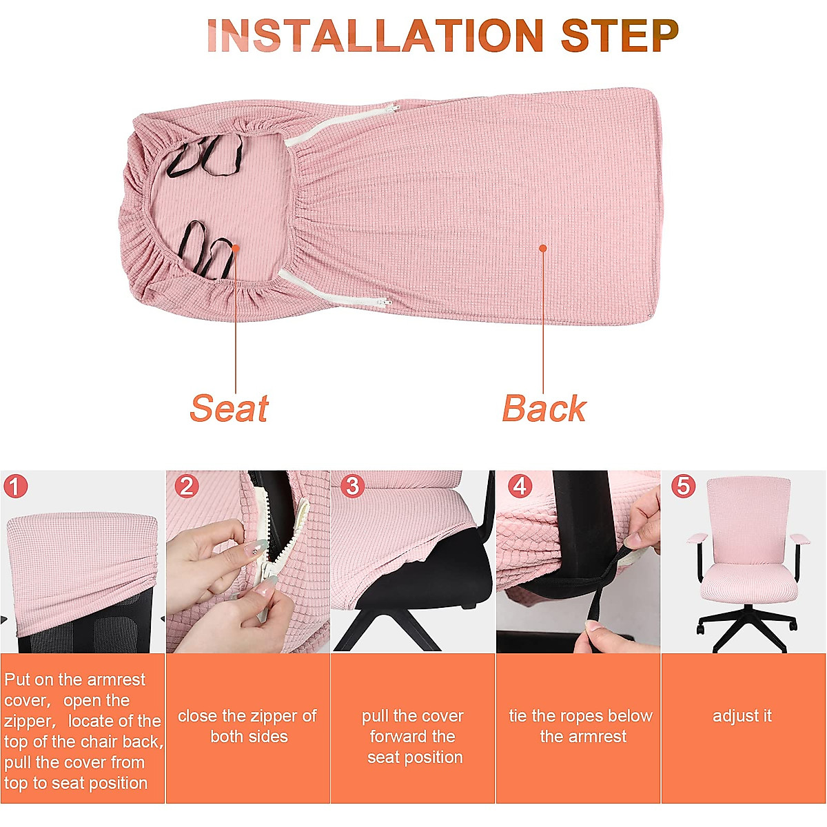 Tatuo 3 Pcs Computer Office Chair Cover Universal Rotating Chair Slipcovers Protector Removable Washable Office Chair Armrest Covers with Zipper for High Back Chair Seat Backrest Pads, Large, Pink