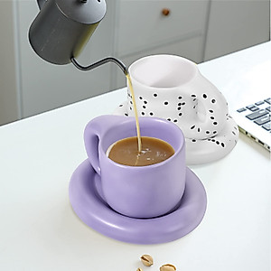 Koythin Ceramic Coffee Chubby Mug Saucer Set, Creative Cute Fat Handle Cup with Saucer for Office and Home, Dishwasher and Microwave Safe, 10 oz for Latte Tea Milk (Light Purple)