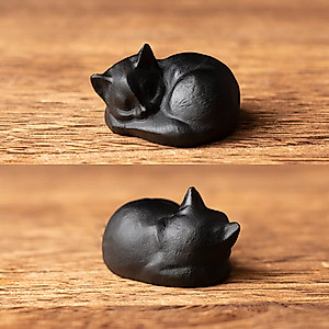 OwMell Tiny Sleeping Cat Statue Hand-Carved Healing Stone Gemstone Little Kitten Statue Figurine 2" - Black Obsidian