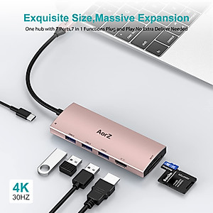 USB C Hub, USB Hub to HDMI Multiport AorZ USB C Dongle Adapter 7 in 1 with HDMI Output,3 USB 3.0 Ports,SD/Micro SD Port,PD Charging Port USB C HUB (Pink)