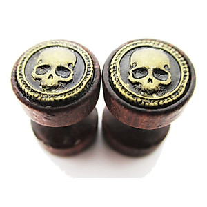 Organic Wood w/Metal Skull Emblem Stud Post Earrings - New - Pair!