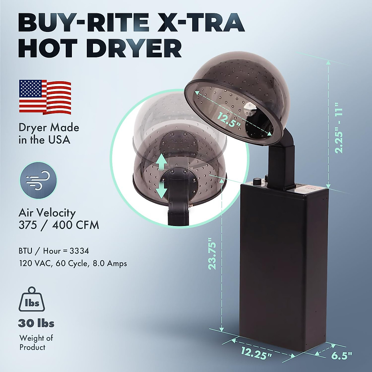 Buy-Rite X-TRA Hot Dryer Professional Hooded Standing Salon Dryer, 980 Watts, Made in The USA, Timer and 4-Setting Temperature Control, Adjustable Extra Large Hood, HL-1500
