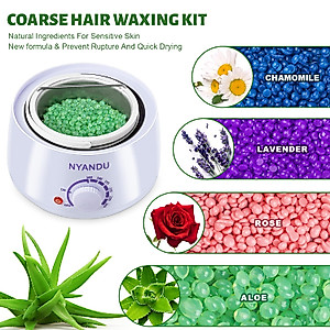 Waxing Kit for Women Men, NYANDU Wax Warmer for Hair Removal, 17.6 oz Wax Beads (5 Packs), Hard Wax Kit for Coarse Hair Facial Eyebrow Legs Armpit Bikini Brazilian, Professional Home Wax Machine