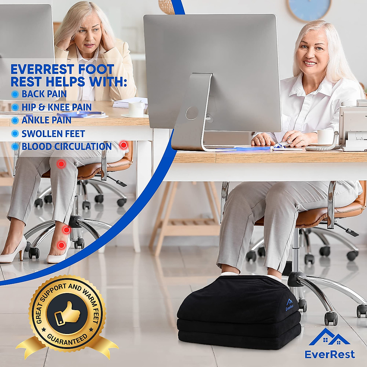 EverRest Foot Rest for Under Desk at Work - Warm Cozy Feet Pocket - Tall Adjustable Footrest for Gaming Computer Chair - Ergonomic Foot Rest Stool Pillow Back Pain Relief Office Footrests 3 Heights