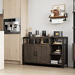 HITHOS Kitchen Wood Floor Cabinet, Accent Sideboard Buffet with Storage, Doors and Shelves, Industrial Living Room Dining Room Furniture, Dark Brown