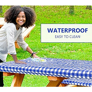 LINPRO 6ft Vinyl Fitted Picnic Table Cover with Bench Covers - Camper and Travel Accessories - Checkered Outdoor Picnic Tablecloth and seat Covers with Elastic Edges Waterproof 3 Pc Set for Patio 72"