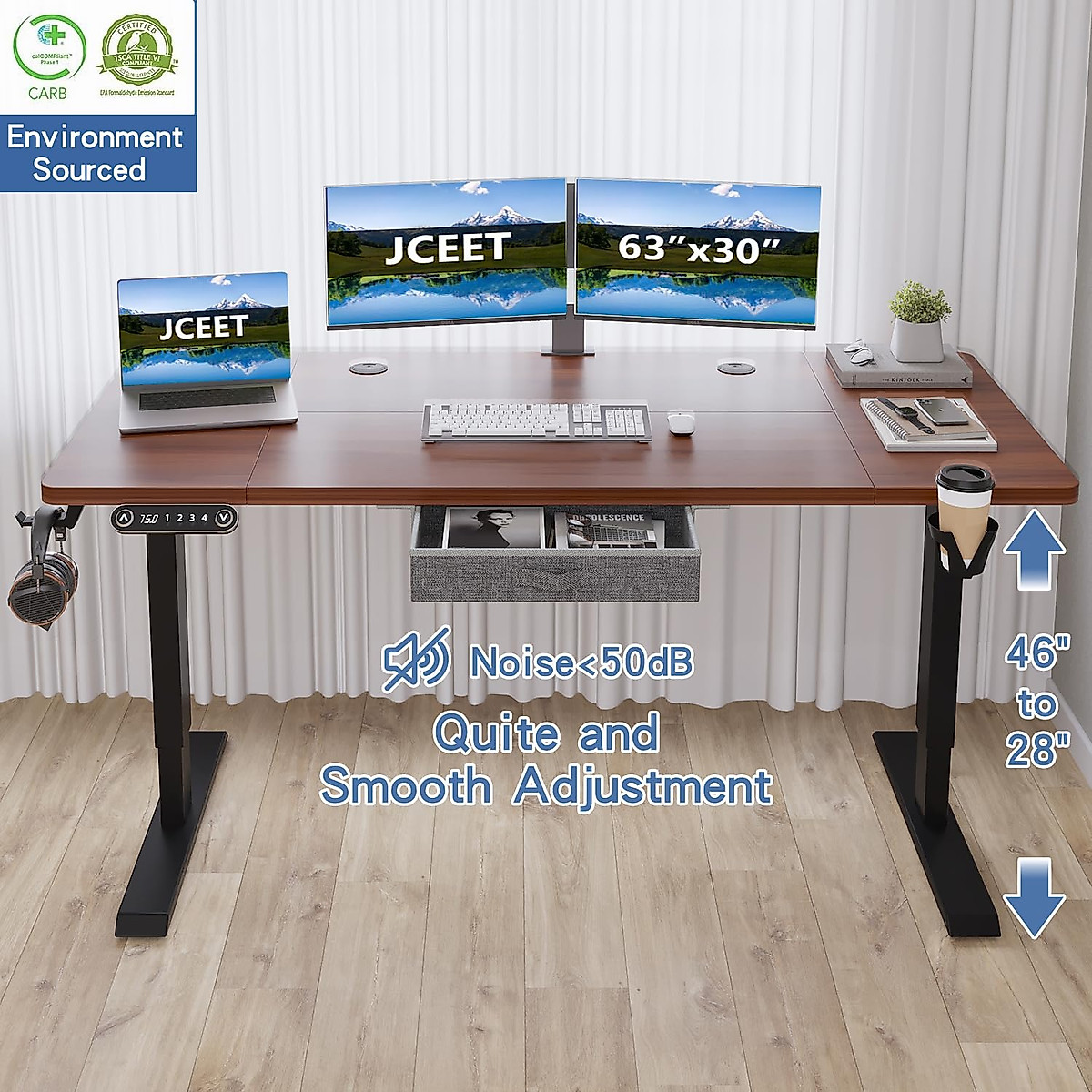 Jceet Electric Standing Desk with Drawer, 63x30 Inches Adjustable Height Sit Stand Up Desk with 4 Splice Boards, Home Office Desk Computer Workstation with Dark Walnut Top/Black Frame