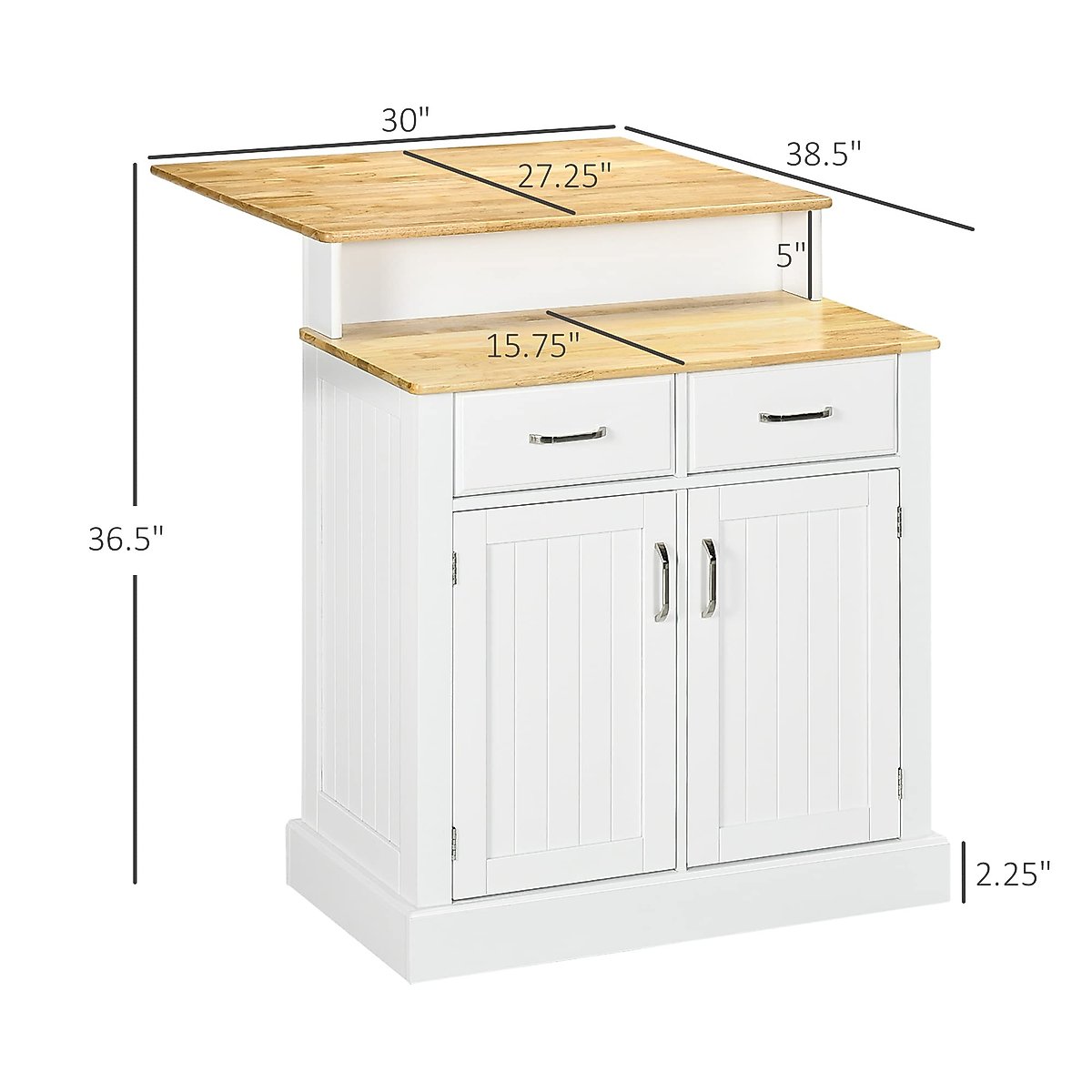HOMCOM Kitchen Island with Storage Cabinet and 2-Level Rubber Wood Tabletop, Island Table with Adjustable Shelves and Drawers, White