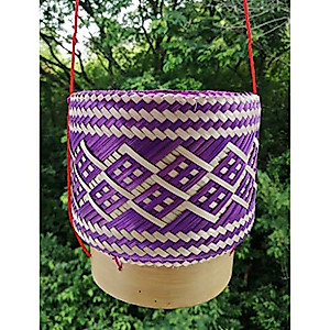 Sticky Rice Basket - Kratip Thailand Handmade Bamboo Rice Container Size 6 inches rice capacity 0.7 kg, Lavender