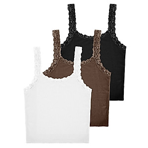 Sintege 3 Pcs Women's Lace Patchwork Tank Top Lace Camisole Tank Sleeveless Cami Crop Lacework Trim Y2k Tops(Small,Black, White, Coffee)
