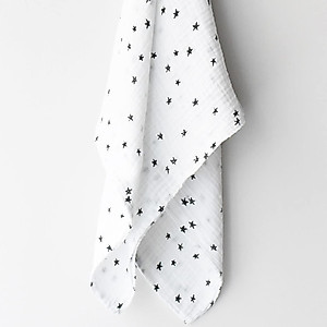 Wee Gallery, Organic Muslin Swaddle - Stars Design - Black and White for Baby Visual Development, Quality Cotton Swaddling or Receiving Blanket