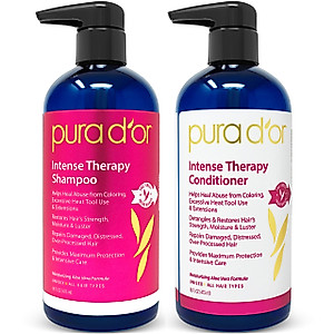 PURA D'OR Intense Therapy Shampoo & Conditioner Set (16oz x 2) Repairs Damaged, Distressed, Over-Processed Hair with Select Natural Ingredients, No Sulfates, All Hair Types, Men & Women